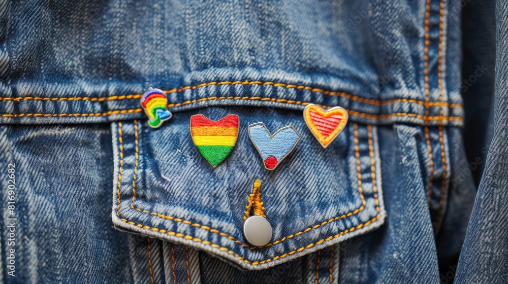 Denim jacket pocket with three rainbow lgbt badges, gay pride symbols ...