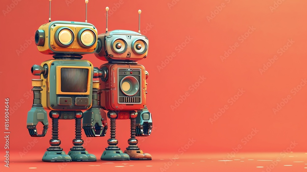 Two cute retro robots are standing on the red background. They have big ...