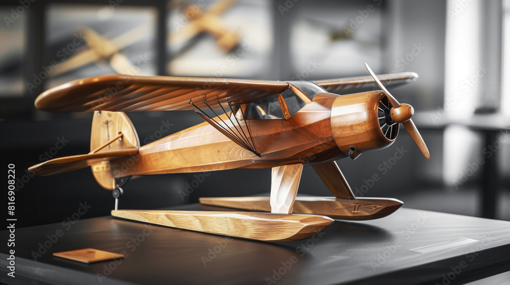 Intricate wooden model of a seaplane displayed indoors. The detailed ...