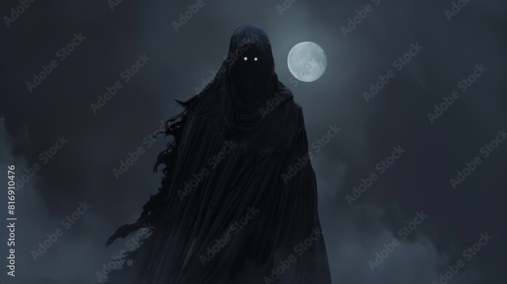 Cloaked figure with glowing eyes in dark scene - A haunting digital ...