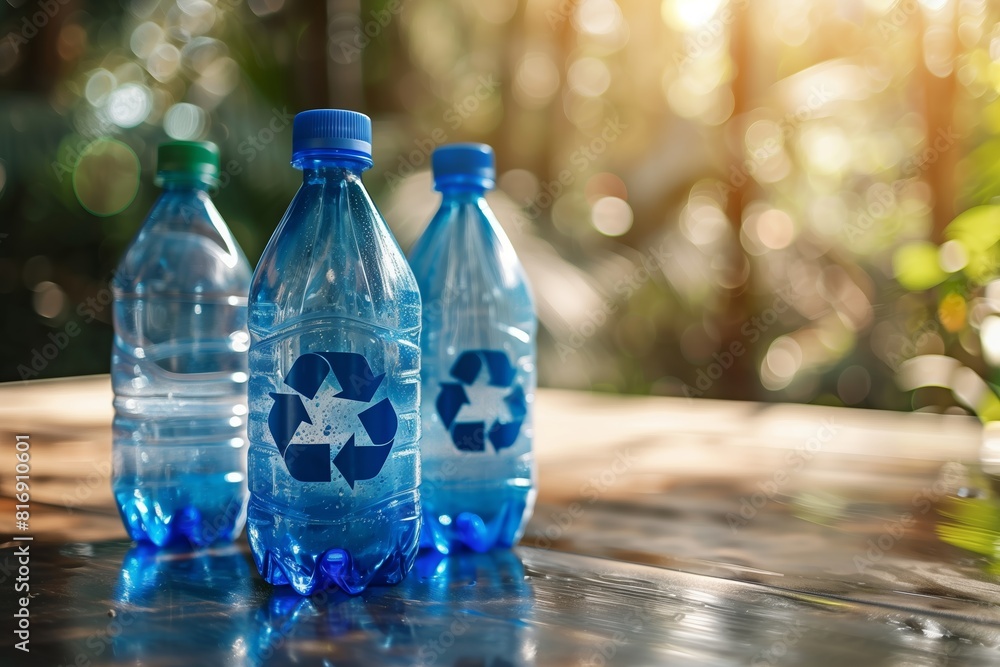 Three blue plastic bottles with recycling symbols in a natural setting ...