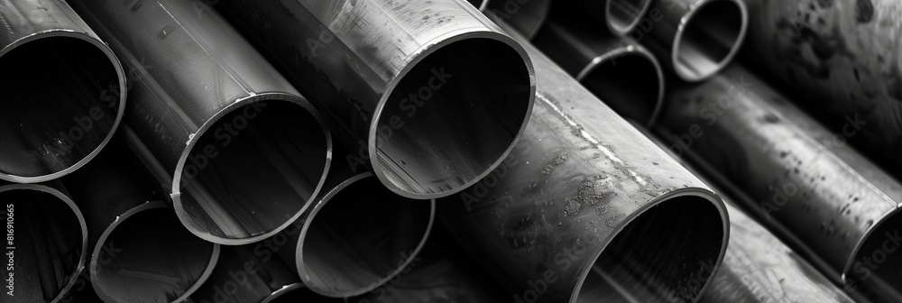 Monochromatic image showing a collection of steel pipes, highlighting ...