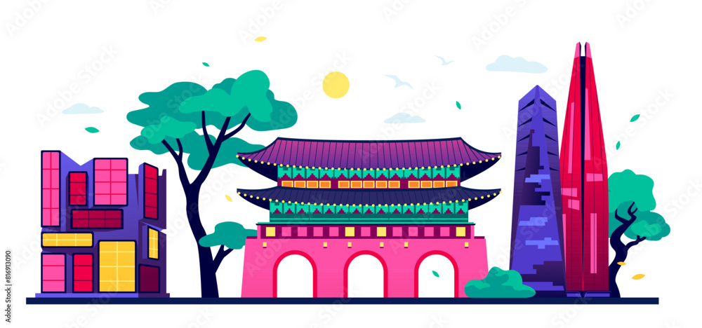 Eclectic styles of architecture in Korea - modern colored vector ...
