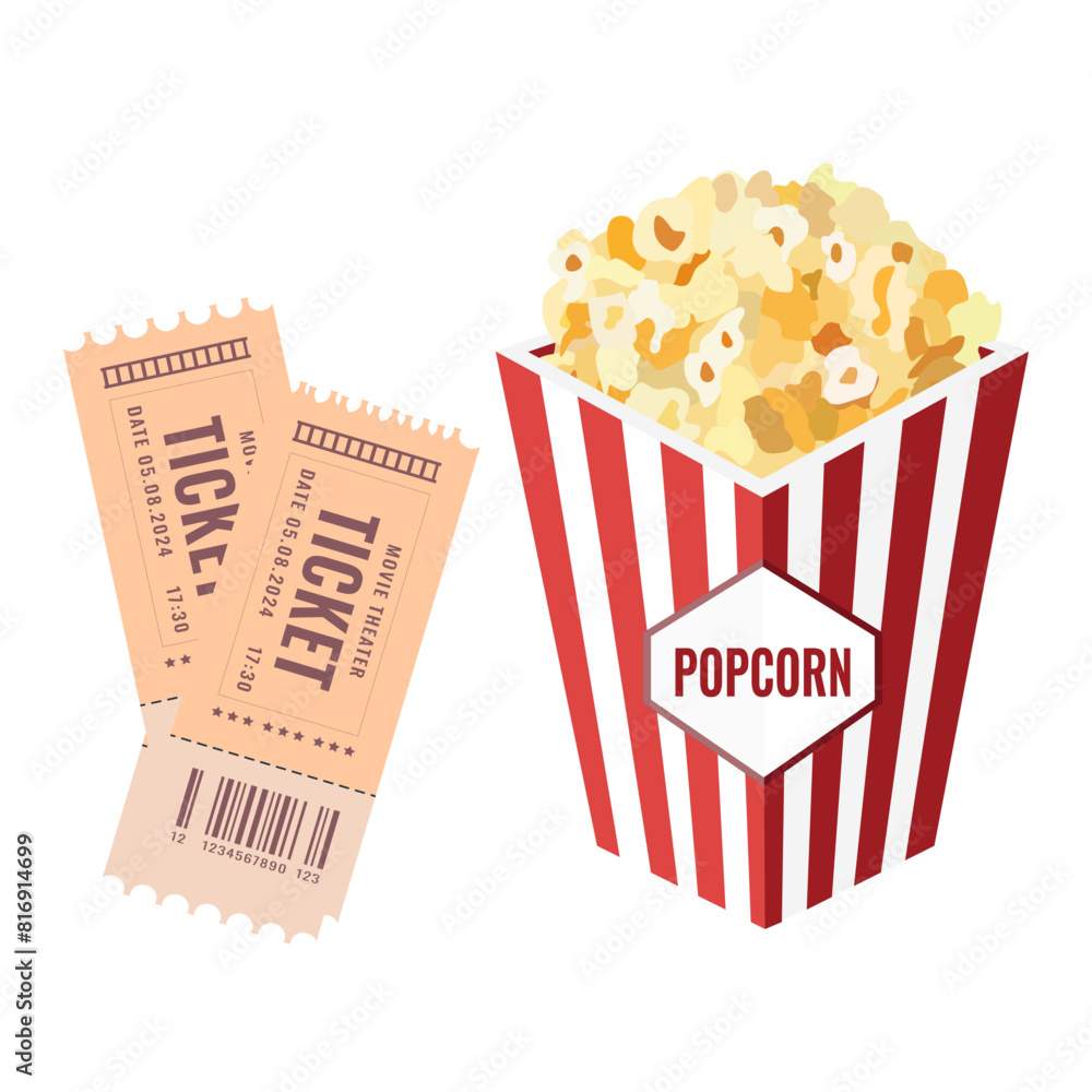 A Flat Red And White Striped Box Full Of Popcorn And Movie Tickets