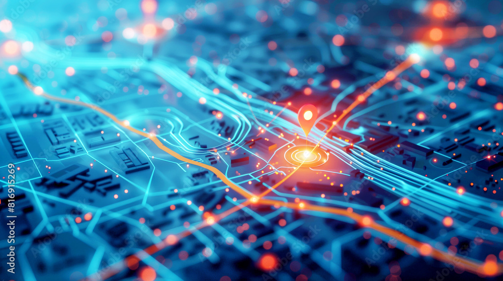 Digital illustration of a city map with a GPS location pin and ...