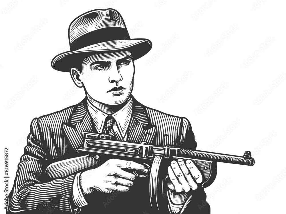 1920s gangster in pinstripe suit, wielding Tommy gun exuding classic ...