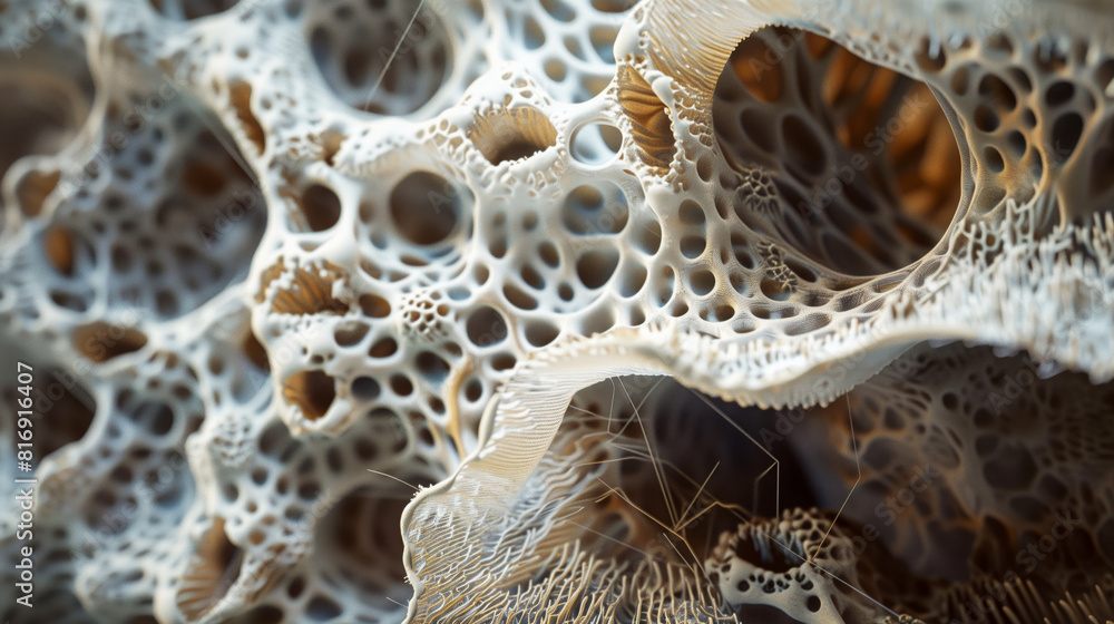Close-up of a complex, organic, porous structure resembling a microscopic view of a bone or ...