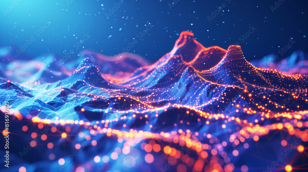 Abstract digital landscape with glowing points and interconnected lines ...