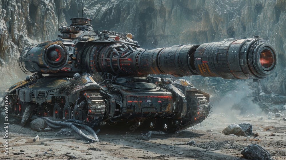 Futuristic armored space cannon in a cave - An intricately detailed sci ...