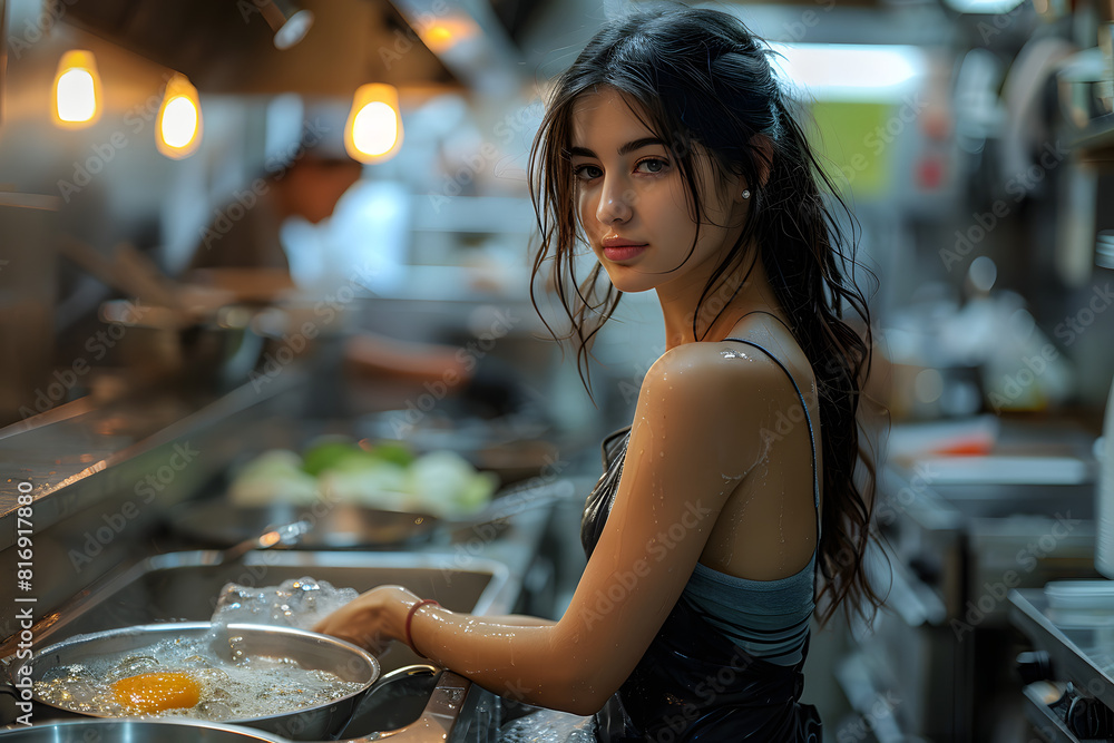 profile view of a hostess in a red apron cleaning a table customer's ...