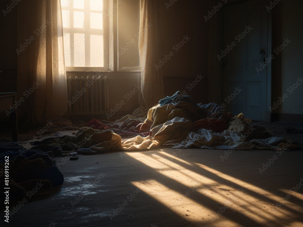 inside an old empty room, a pile of old clothes lies abandoned on the ...