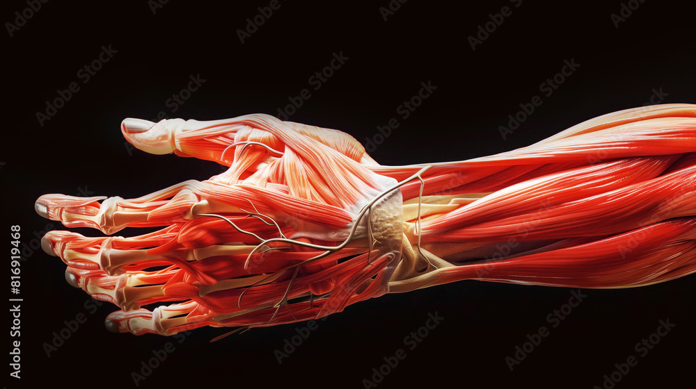 Detailed anatomical illustration of a human hand, showcasing muscles ...