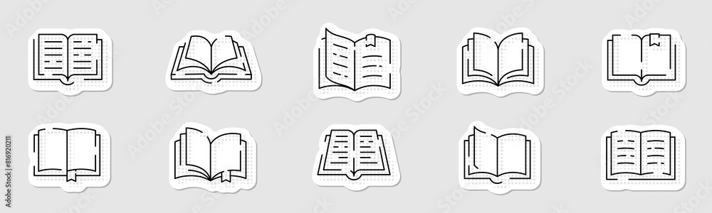 Open book line icon set. Diary, open book, pages, bookmark, magazine ...
