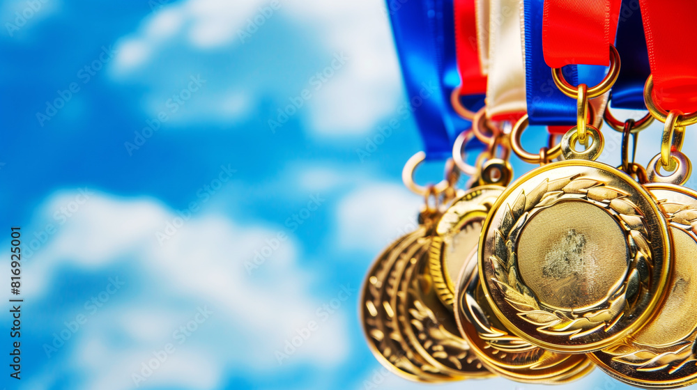 A collection of gold medals with colorful ribbons hanging against a ...