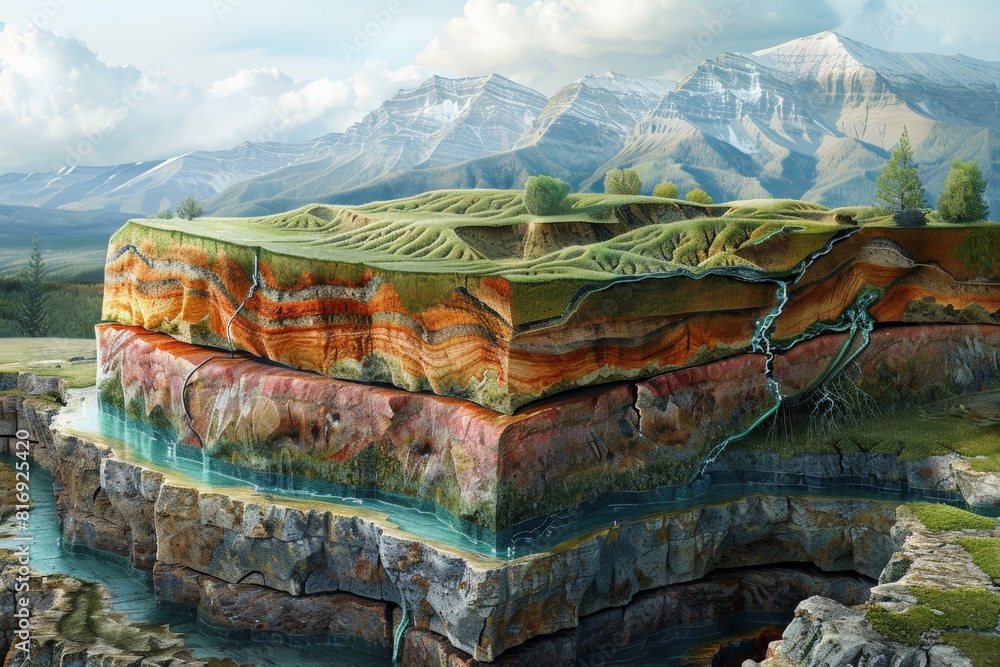 Cross-section of lush green landscape with layered soil strata ...