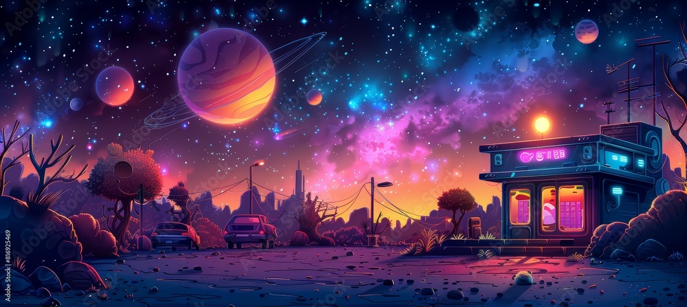 cartoon illustration of a colorful space background with planets and ...
