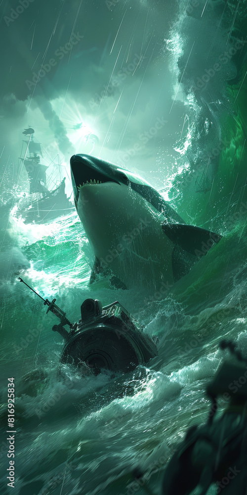 Epic sea battle with giant shark and ships - Dramatic artwork featuring ...