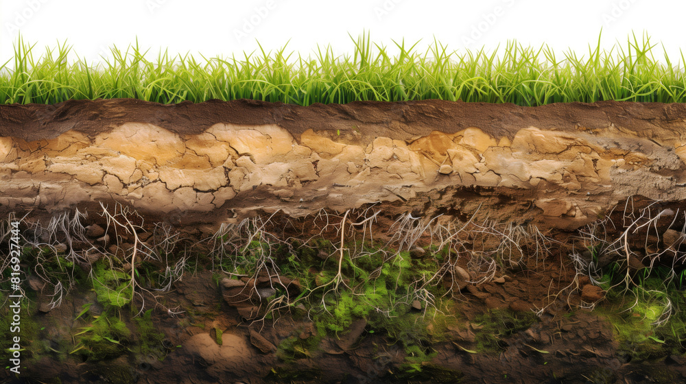 Cross-section of soil showing different layers with green grass on top ...