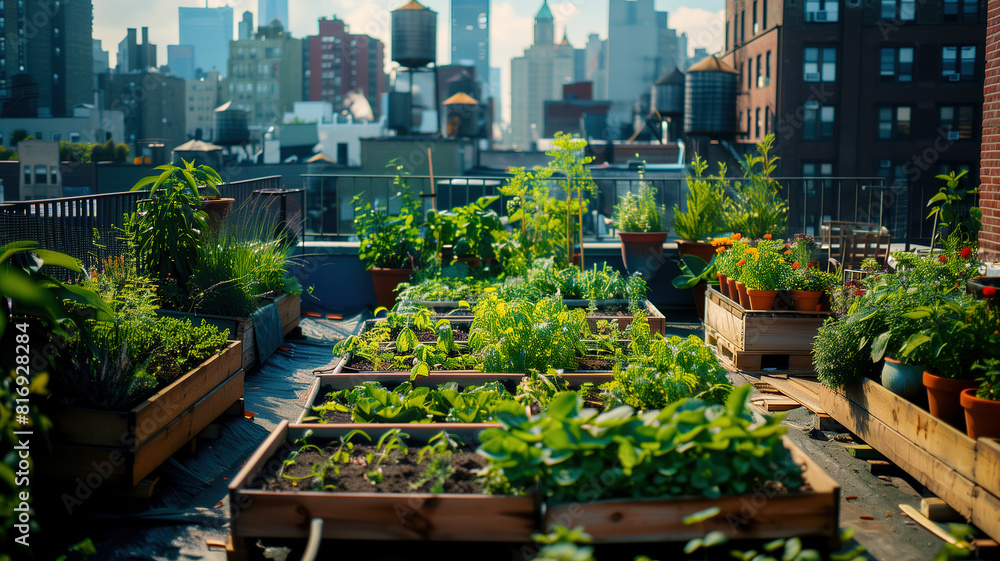 Urban Rooftop Garden with Vegetables. A vibrant rooftop garden in the ...