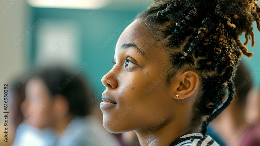 Profile of a young black female student with braids at school. Stock ...