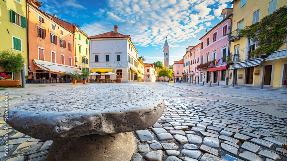 Charming empty town square with colorful buildings, cobblestone ...