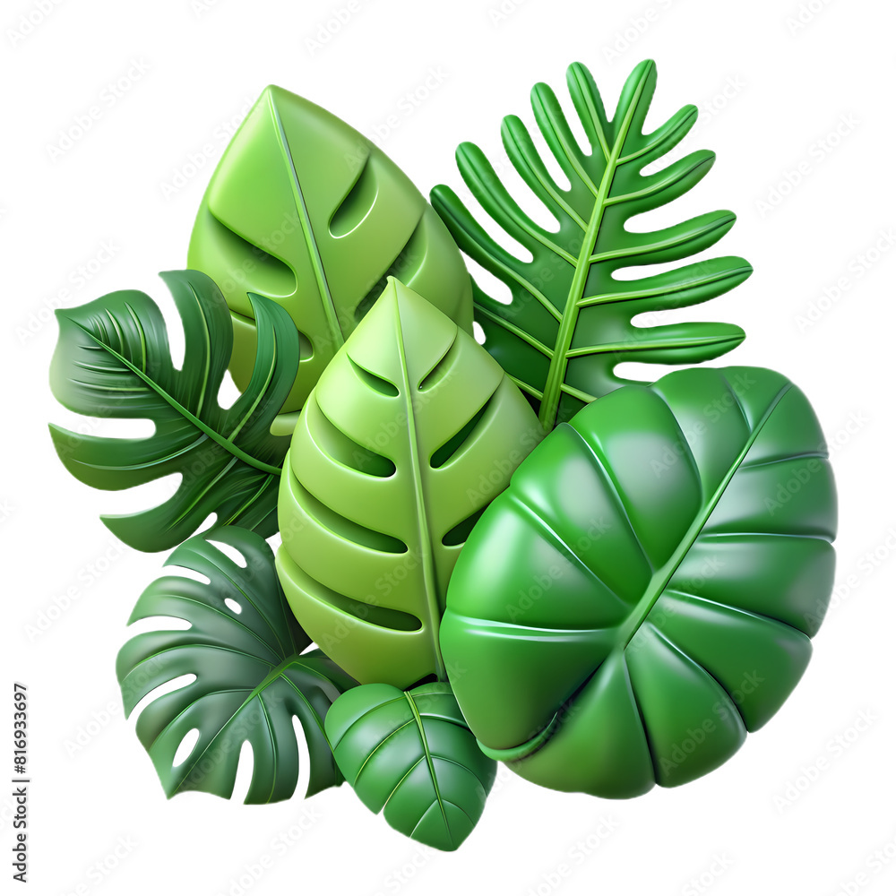 3d tropical leaves icon, green foliage design, botanical illustration ...