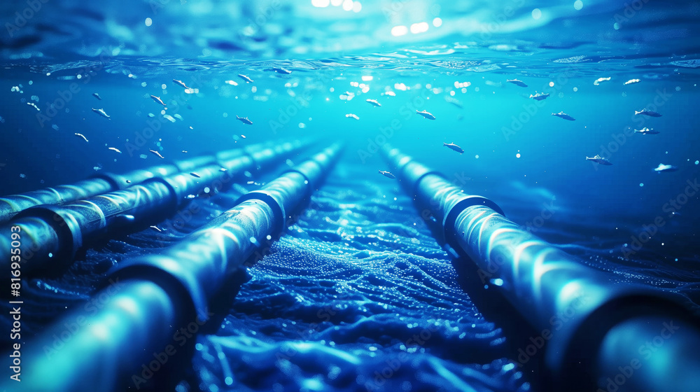 Underwater view of several long pipelines stretching into the horizon ...