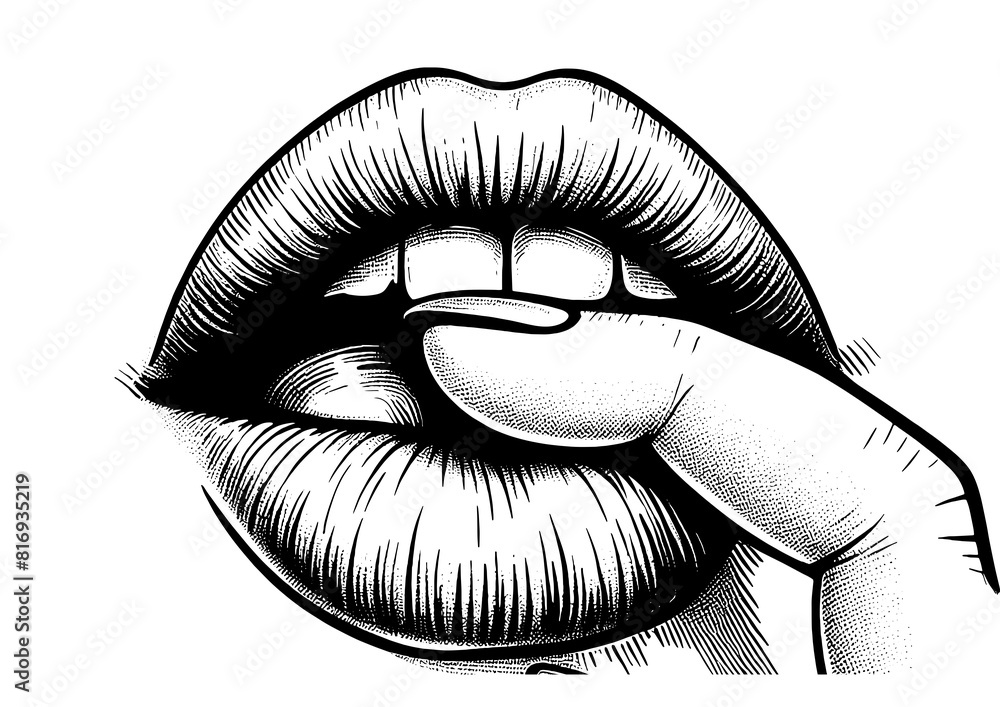 Finger in sensual female lips sketch engraving generative ai fictional ...
