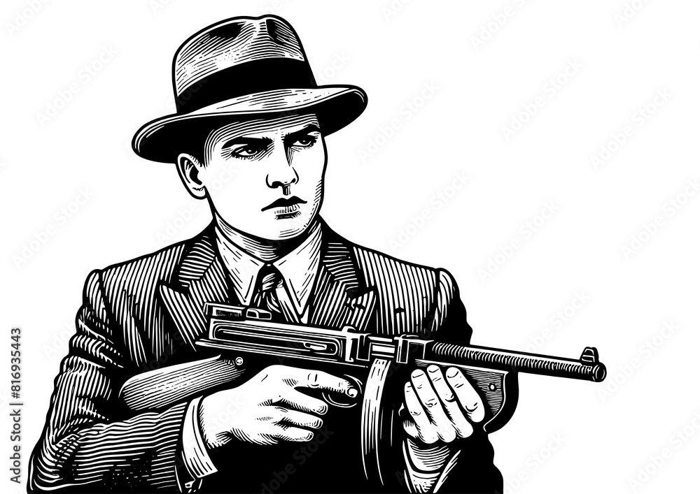 1920s gangster in pinstripe suit, wielding Tommy gun exuding classic ...