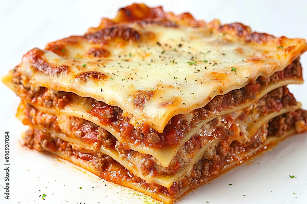 Authentic Italian meat lasagna on a white background, inviting ...