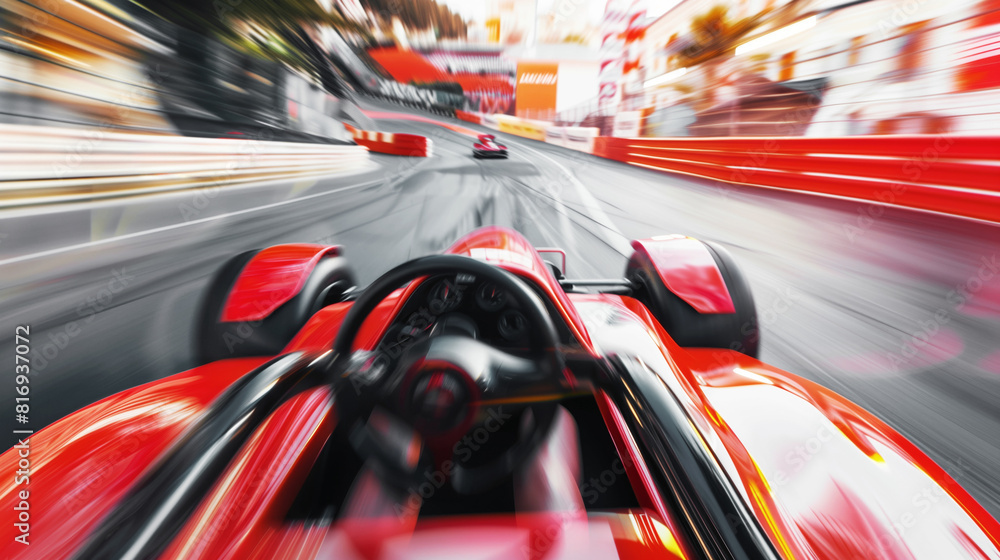 Dynamic view from the driver's seat of a racing car speeding on a race ...