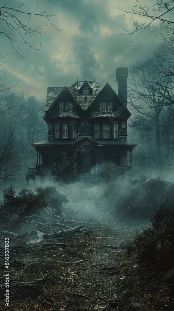 A spooky haunted house surrounded by Op art-inspired trees and ...