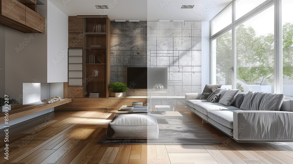 A modern living room split into two styles: a minimalist design with ...