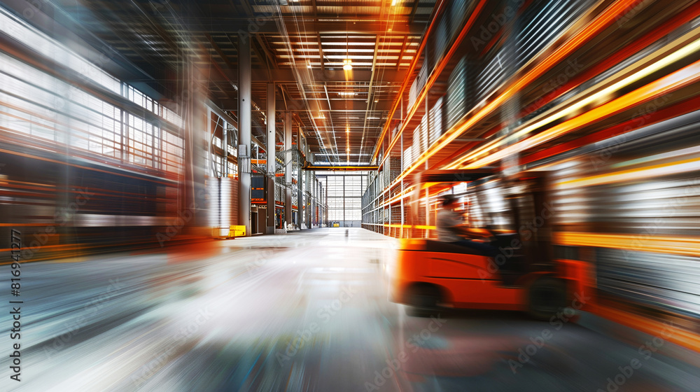 Blurred motion image of a forklift moving inside a large, modern ...