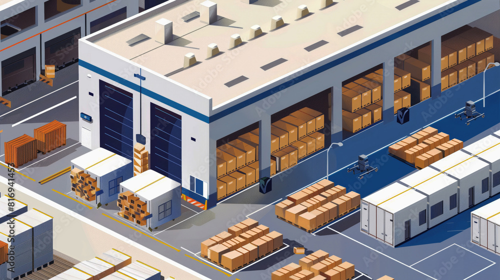 Illustration of a modern warehouse distribution center. The scene ...