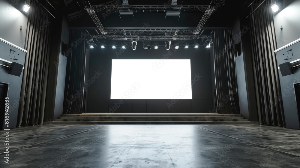Interior of a modern auditorium featuring a large blank white screen ...