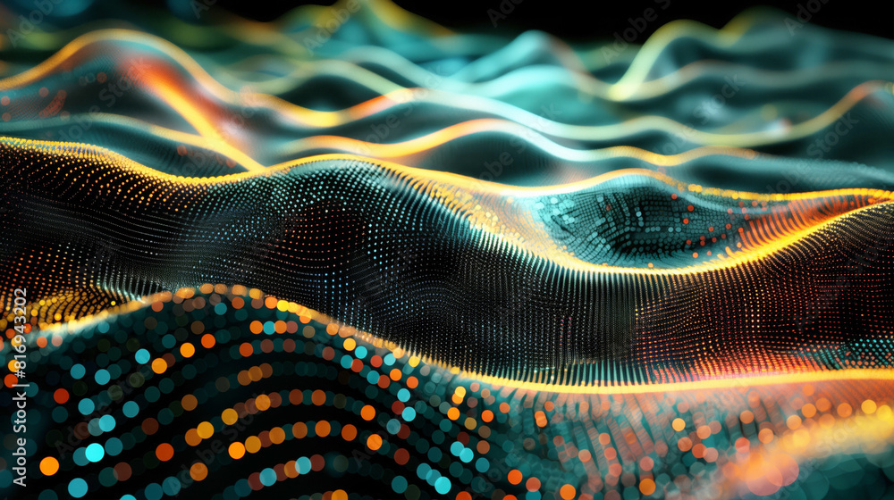 Abstract digital waves consisting of glowing dots and lines in blue ...