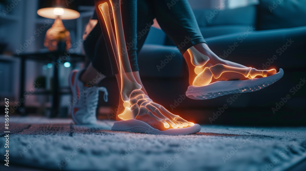 Close-up of a person's feet wearing sports shoes with a transparent ...