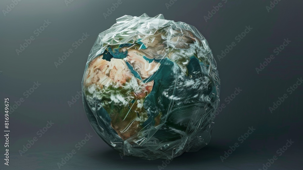 Planet Earth depicted in a suffocating plastic wrap, emphasizing the ...