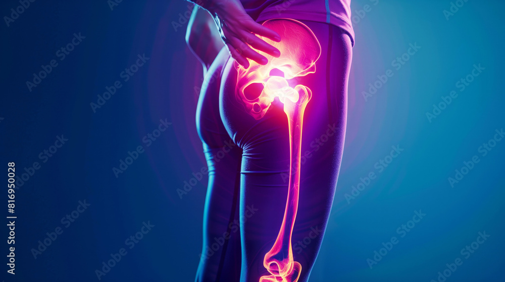 Close-up of a person touching their lower back and hip, with a ...