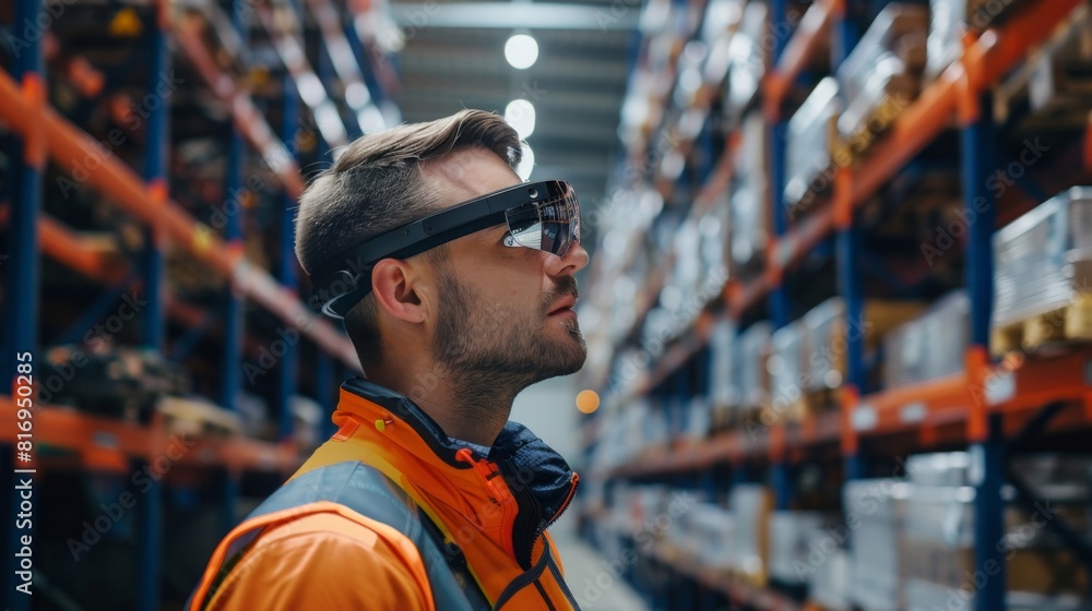 Depict warehouse workers wearing AR glasses that display digital ...