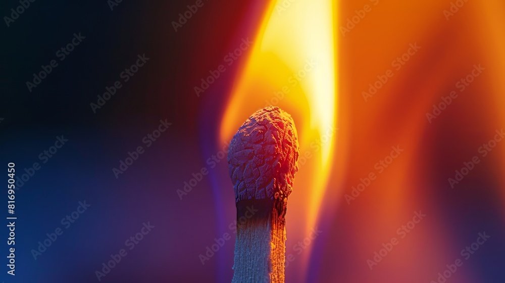 Macro shot of a freshly ignited matchstick, the tip ablaze with a ...