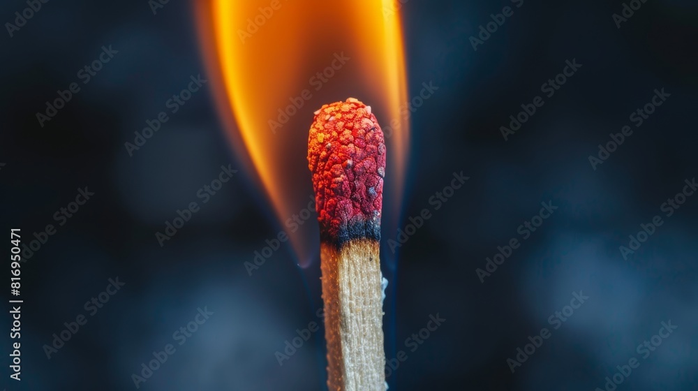 Macro shot of a freshly ignited matchstick, the tip ablaze with a ...