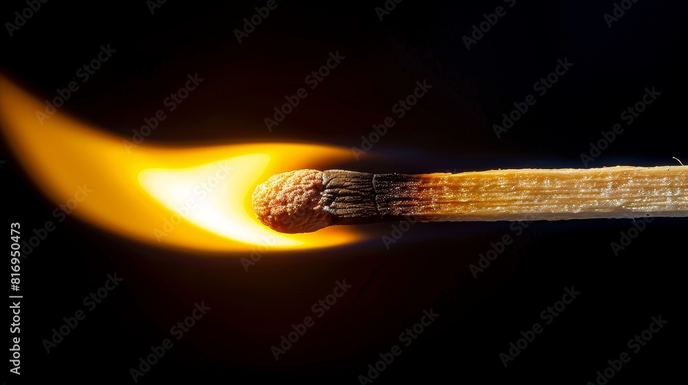 Macro shot of a freshly ignited matchstick, the tip ablaze with a ...
