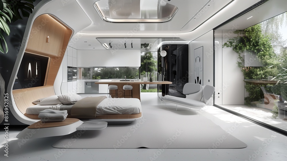 Space-themed room interior design, minimalist style with white and dark ...