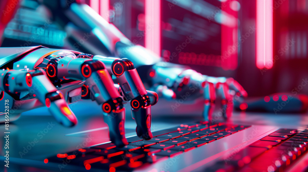 Close-up of robotic hands typing on a keyboard in a neon-lit environment, symbolizing advanced ...