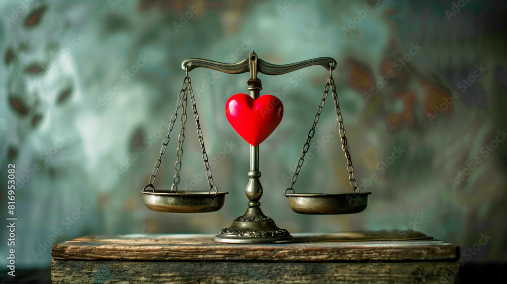 Scales of justice with a red heart placed at the center, symbolizing ...