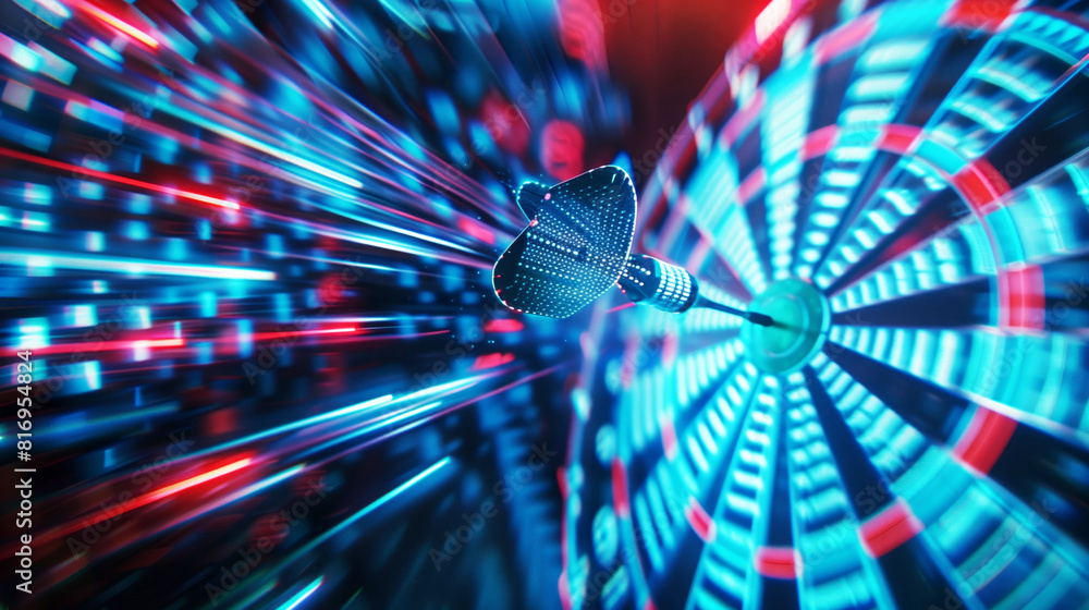 Dart mid-flight heading towards a dartboard with vibrant neon lights ...