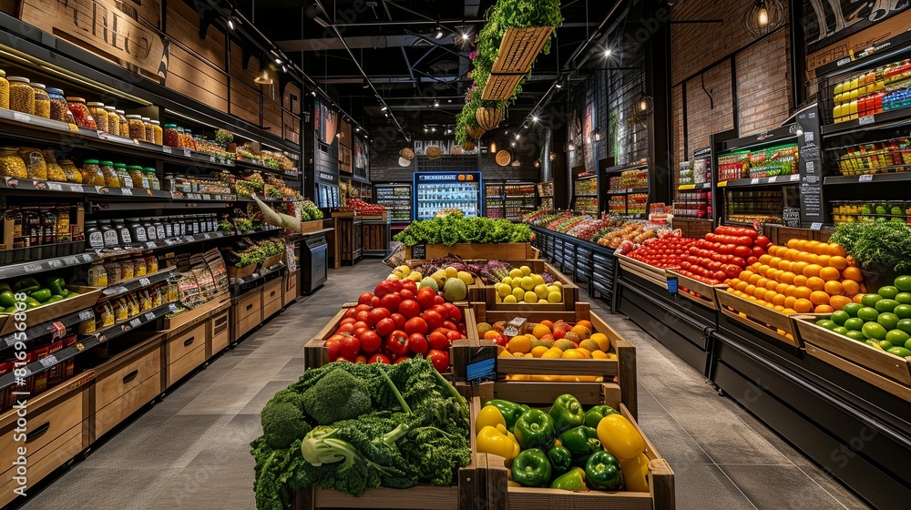 Grocery store aisle, its neatly stocked shelves filled with a colorful ...