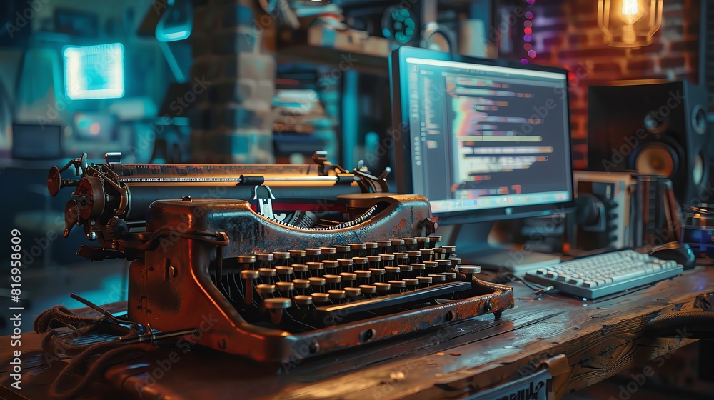 Old rusty typewriter on the table in the digital design studio ...